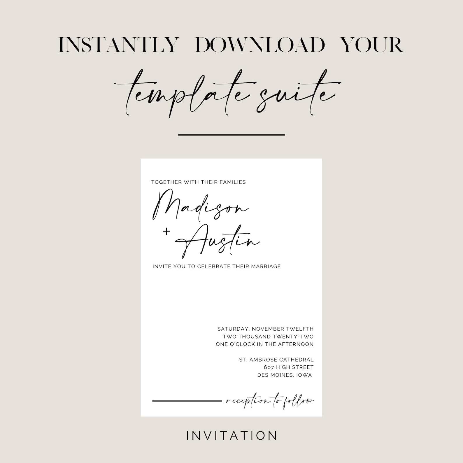 MODERN, the Madison Minimalist Wedding Invitation Template Suite FULLY ...
