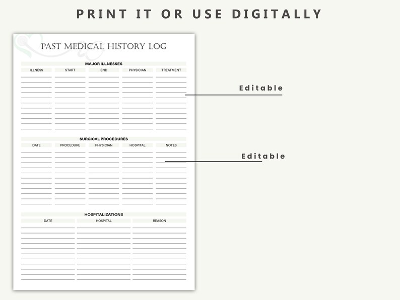 Past Medical History Log, Family Medical History Form , Medical Record ...