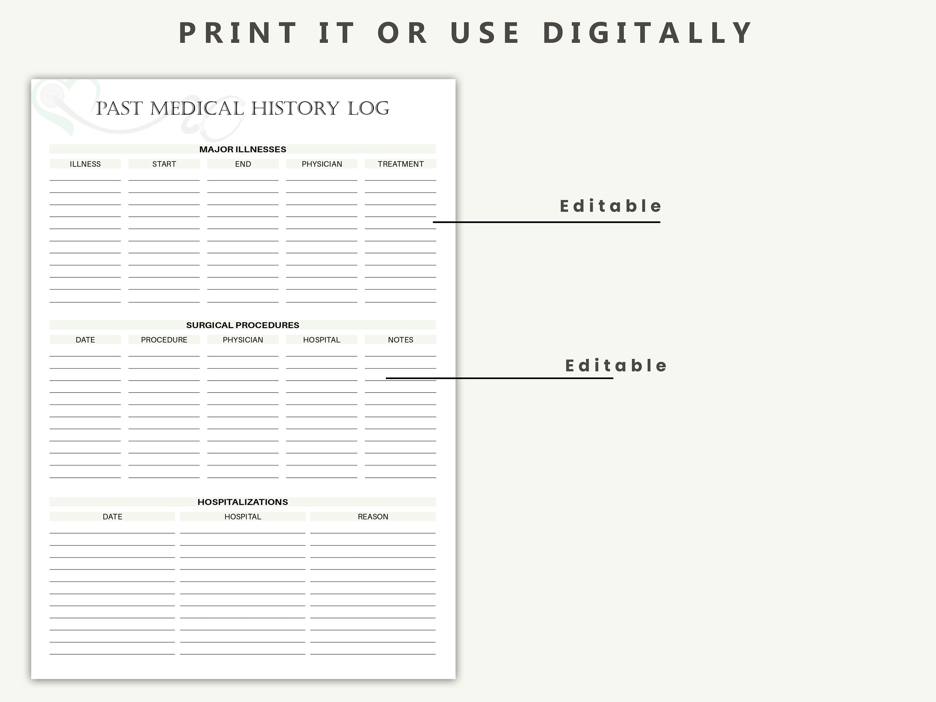 Past Medical History Log, Family Medical History Form , Medical Record ...