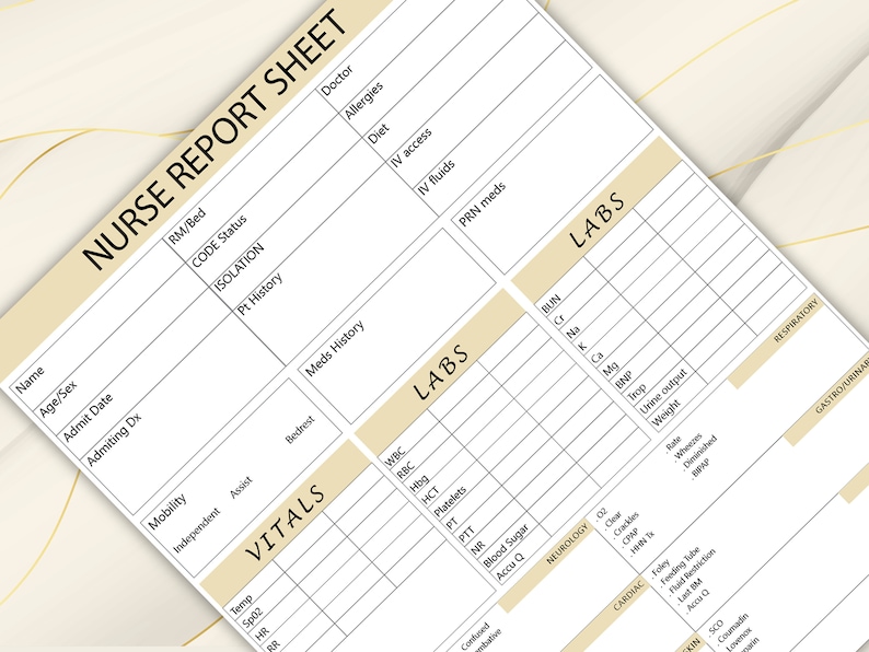Printable Nursing Report Sheet, Nurse Brain Sheet, ICU Nurses Resources ...