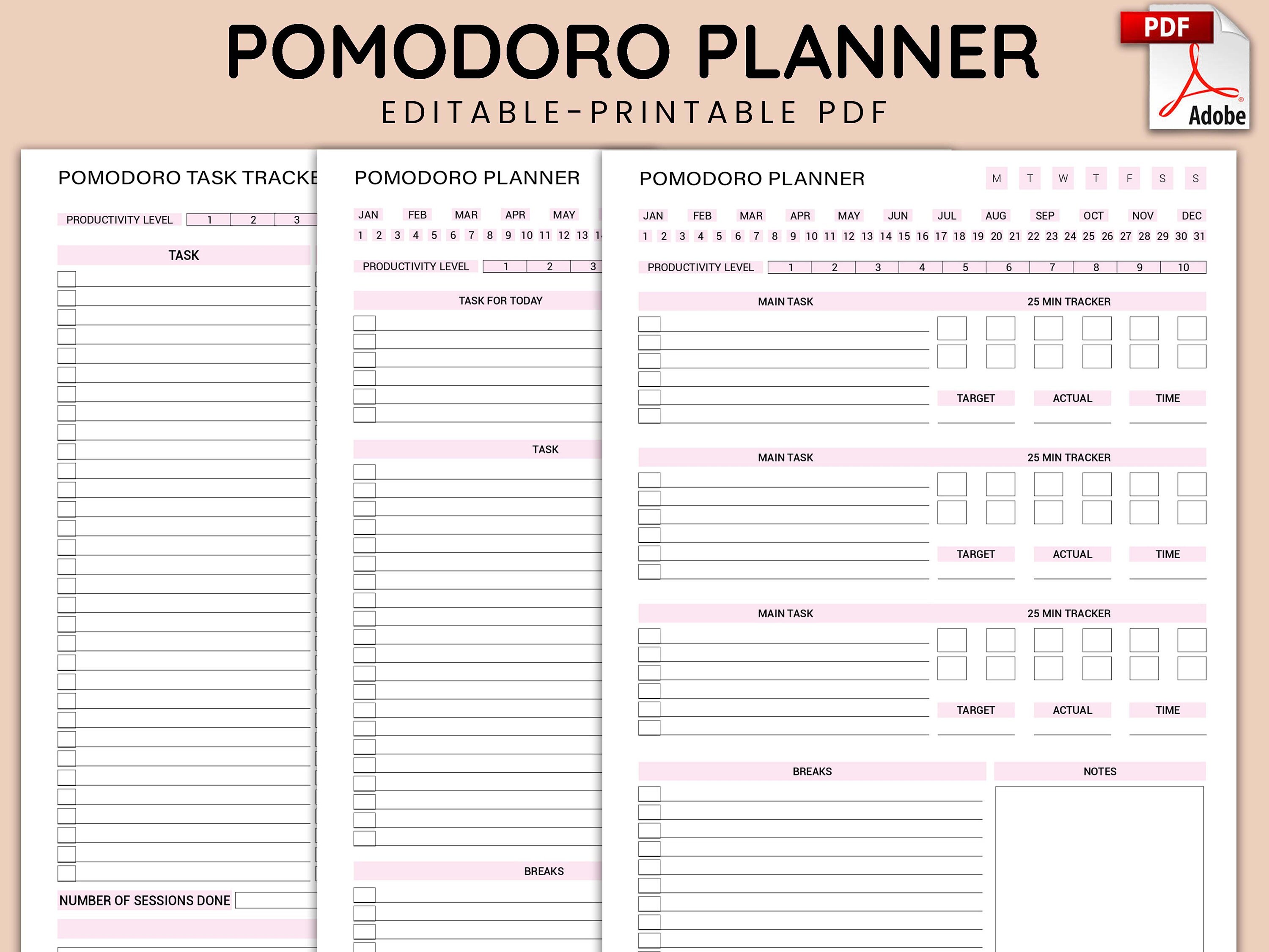 Simple Pomodoro Planner Printable, Productivity Planner, Time Tracker ...