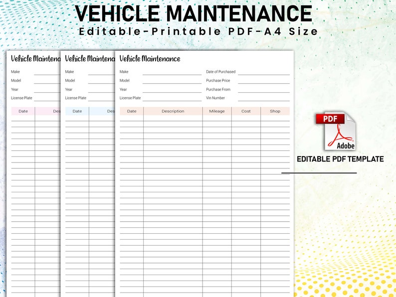 Editable Vehicle Maintenance Log Book, Vehicle Service Tracker, Vehicle ...