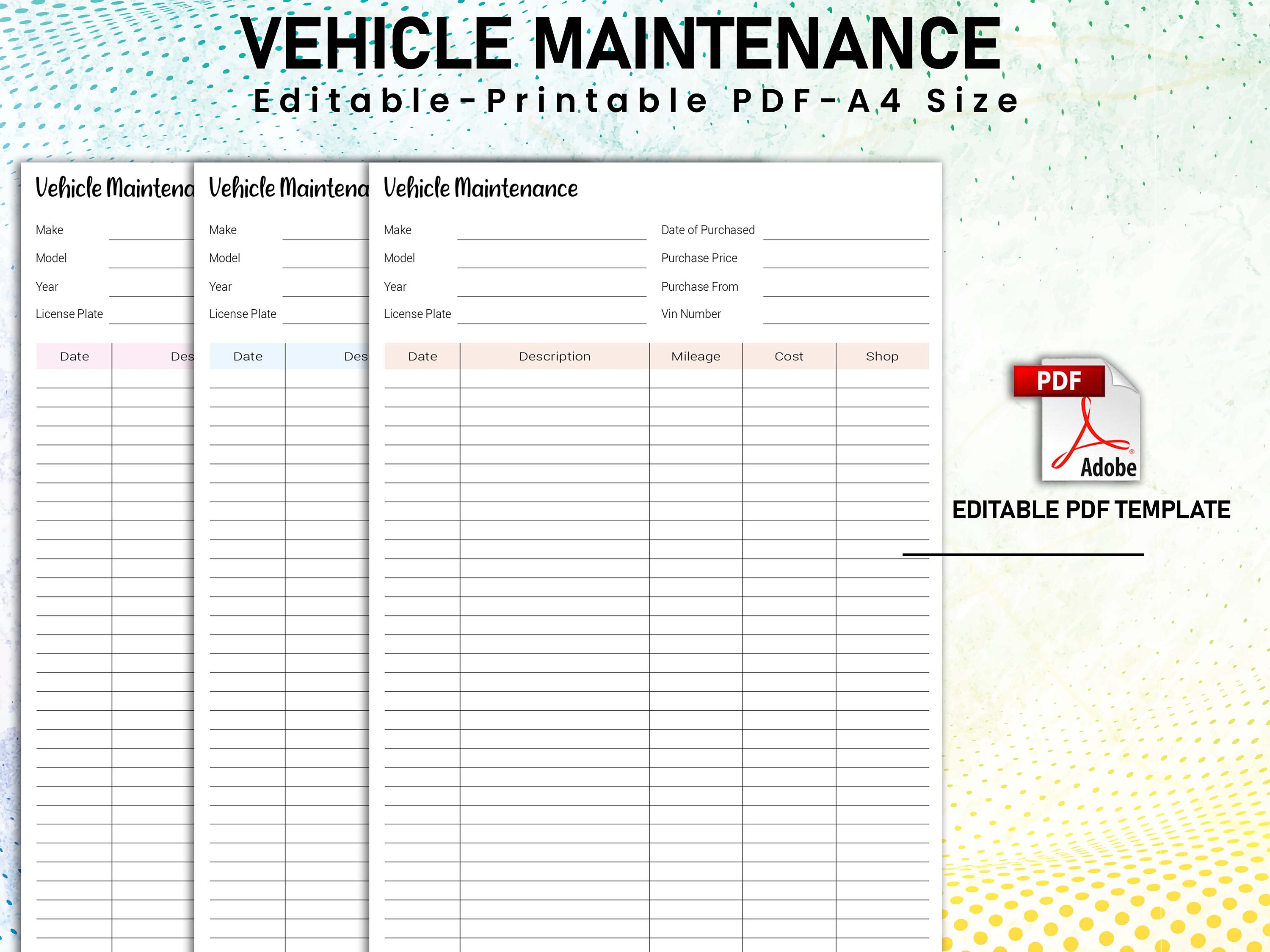Editable Vehicle Maintenance Log Book, Vehicle Service Tracker, Vehicle ...