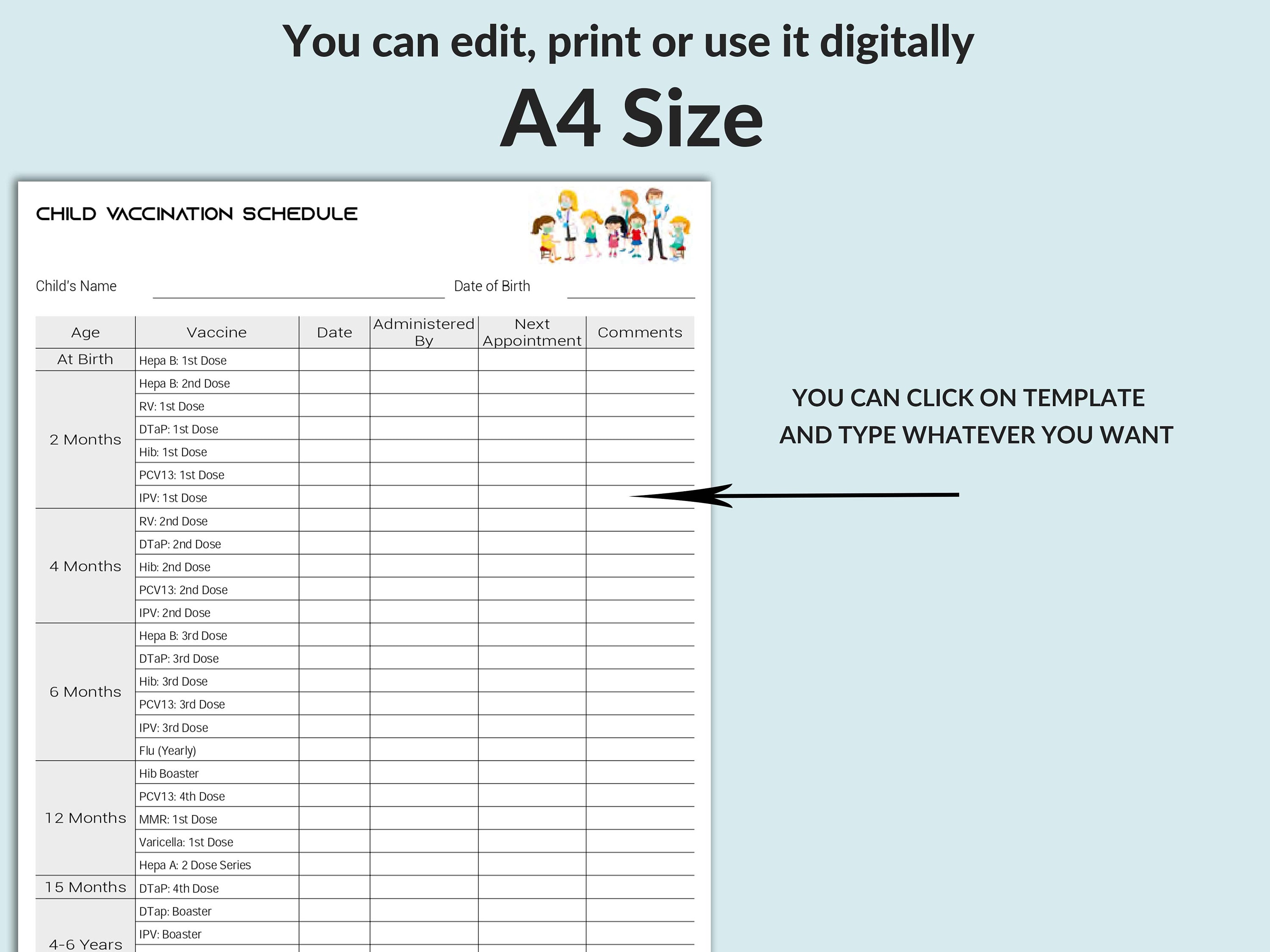 Editable Child Vaccination Record Tracker, Vaccine Log, Immunization ...