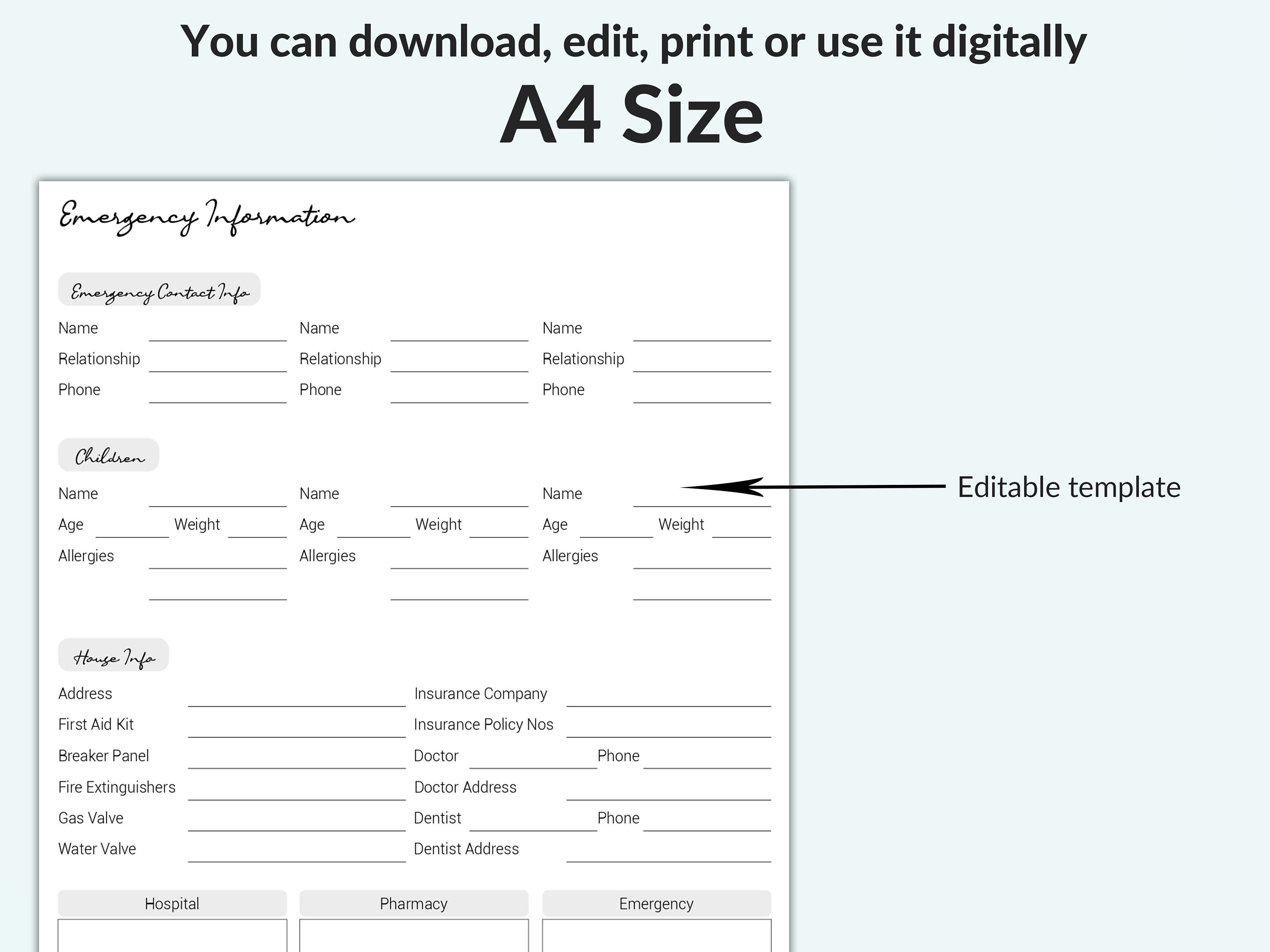Editable Emergency Information Sheet, Emergency Contact Information ...
