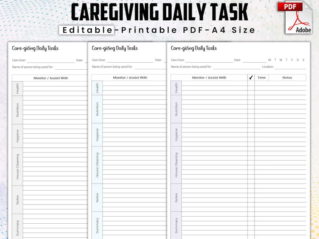 Editable Care Giving Caregiver Daily Task, Editable Caregiving Plan, Caregiving Template ...
