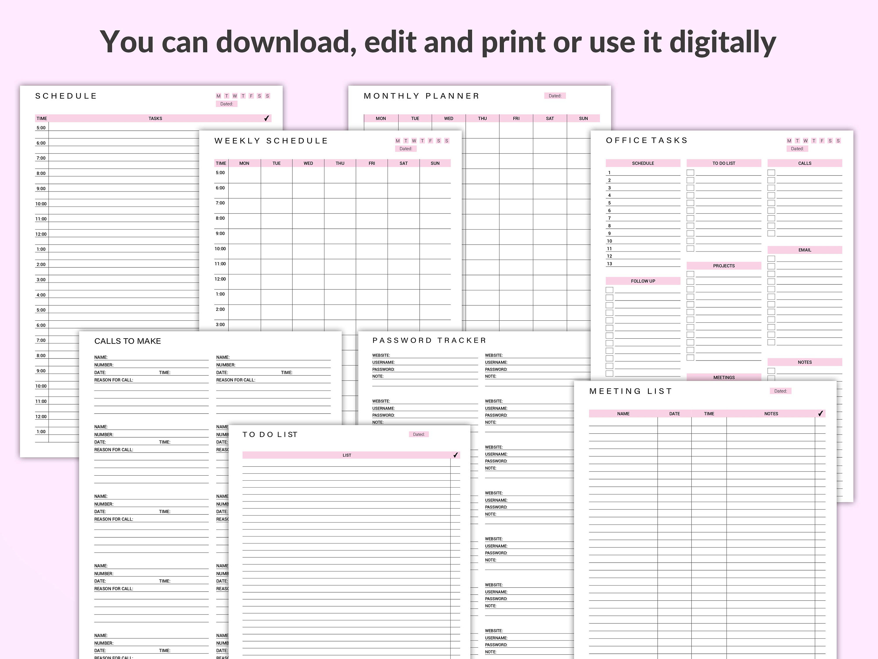 Editable Office Task Planner Set, Printable Work Schedule Planner ...