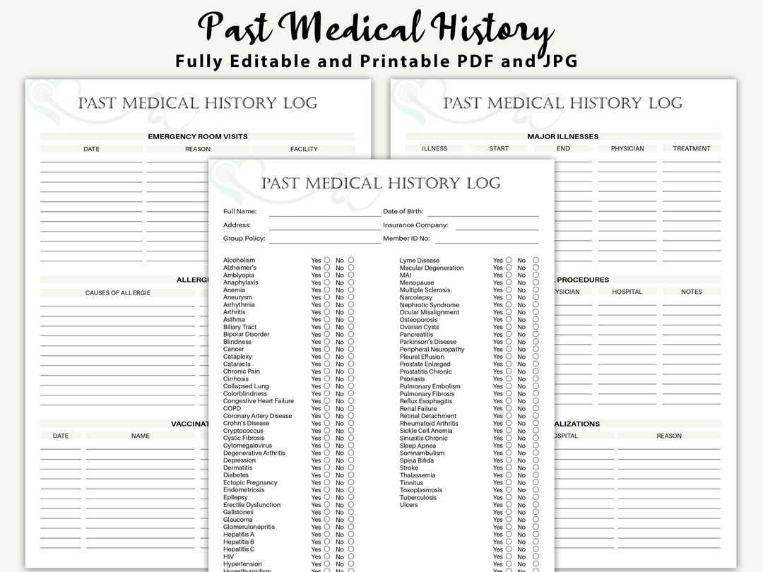 Past Medical History Log, Family Medical History Form , Medical Record ...