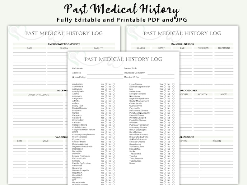 Past Medical History Log, Family Medical History Form , Medical Record ...