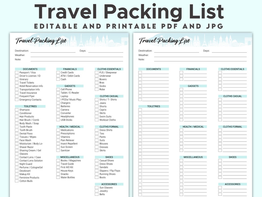 Editable Travel Packing List, Travel Packing List Printable, Packing ...