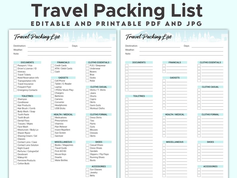 Editable Travel Packing List Travel Packing List Printable - Etsy