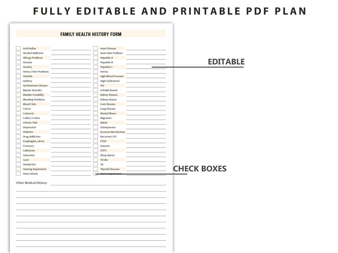 Editable Medical History Form, Family Medical History Form , Medical ...