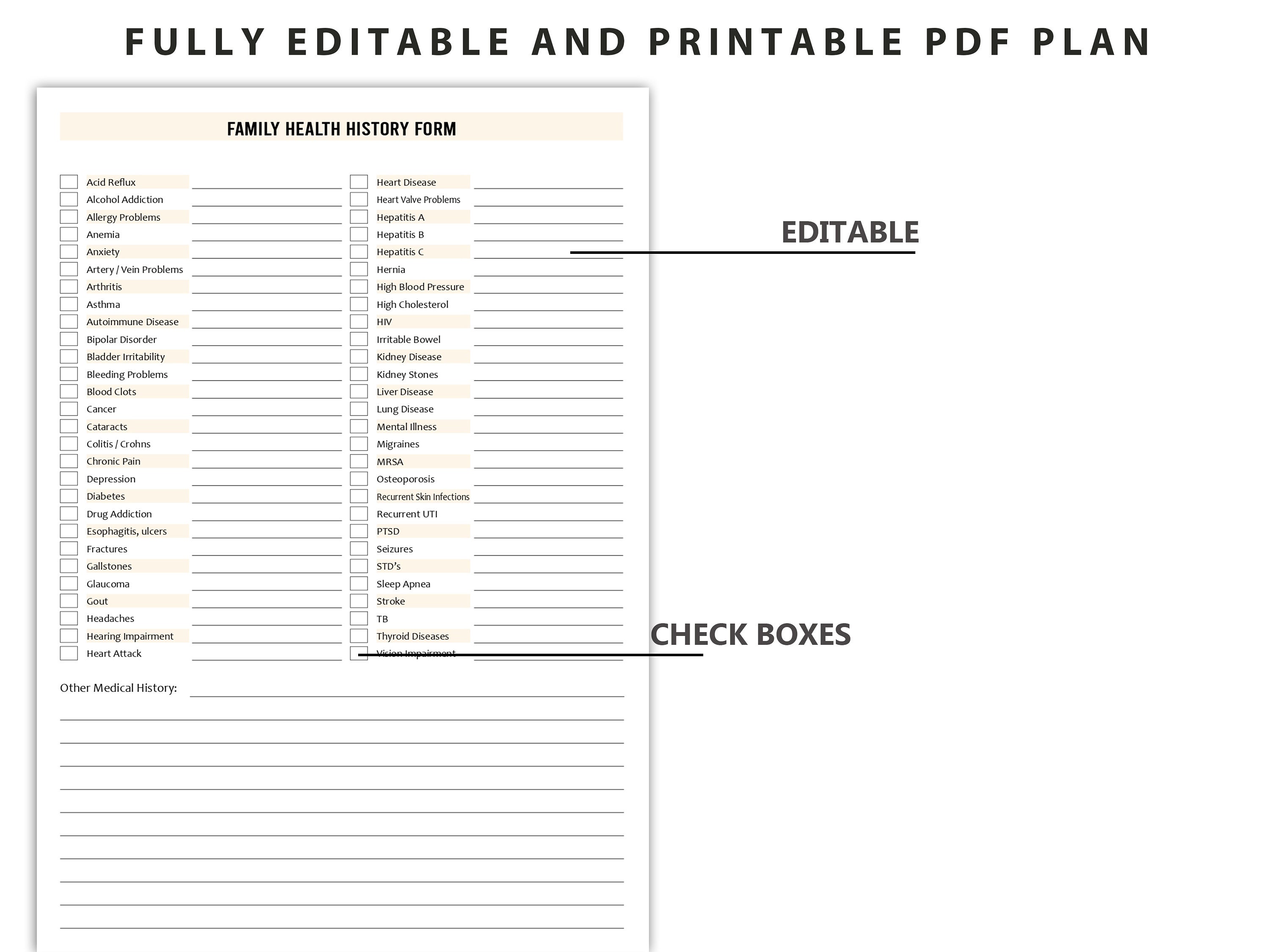 Editable Medical History Form, Family Medical History Form , Medical ...