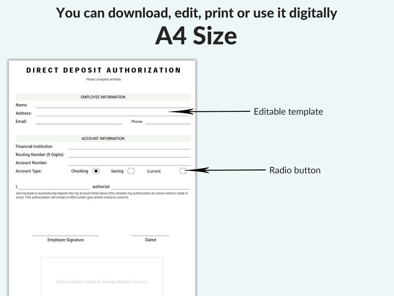 Editable Direct Deposit Authorization Template, Direct Deposit ...