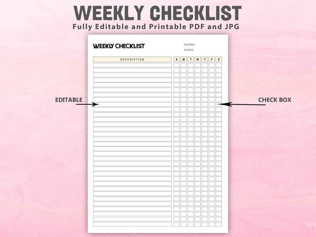 Weekly Checklist Template, Checklist, Daily Checklist Template, Weekly ...