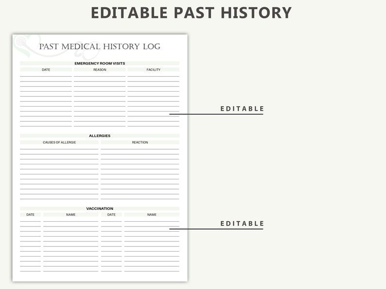 Past Medical History Log, Family Medical History Form , Medical Record ...