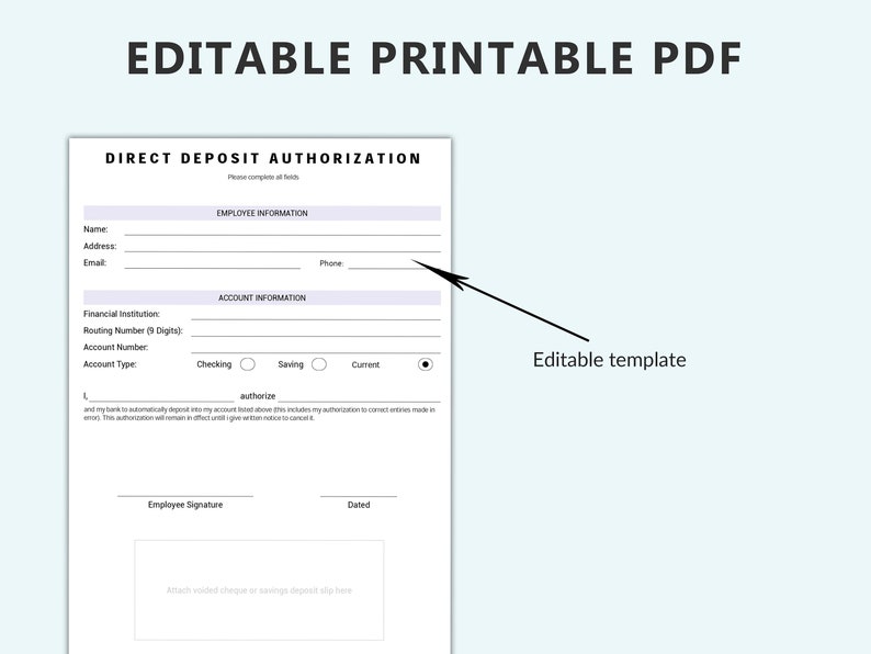 Editable Direct Deposit Authorization Template, Direct Deposit ...