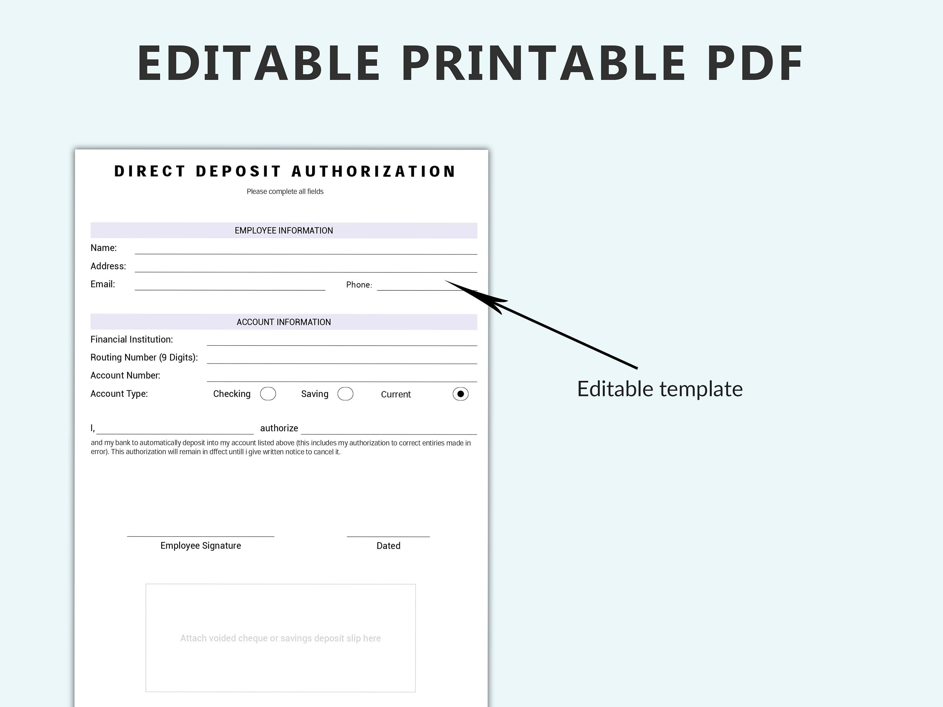 Editable Direct Deposit Authorization Template, Direct Deposit ...