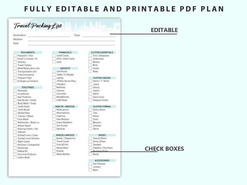 Editable Travel Packing List, Travel Packing List Printable, Packing ...