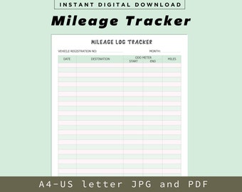 Printable Mileage Log, Mileage Tracker Log, Business Mileage, Miles Log, Miles Tracker, Vehicle ...