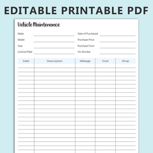 Editable Vehicle Maintenance Log Book, Vehicle Service Tracker, Vehicle ...