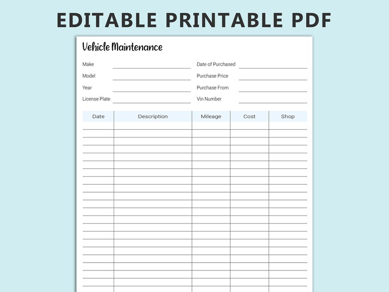 Editable Vehicle Maintenance Log Book, Vehicle Service Tracker, Vehicle ...