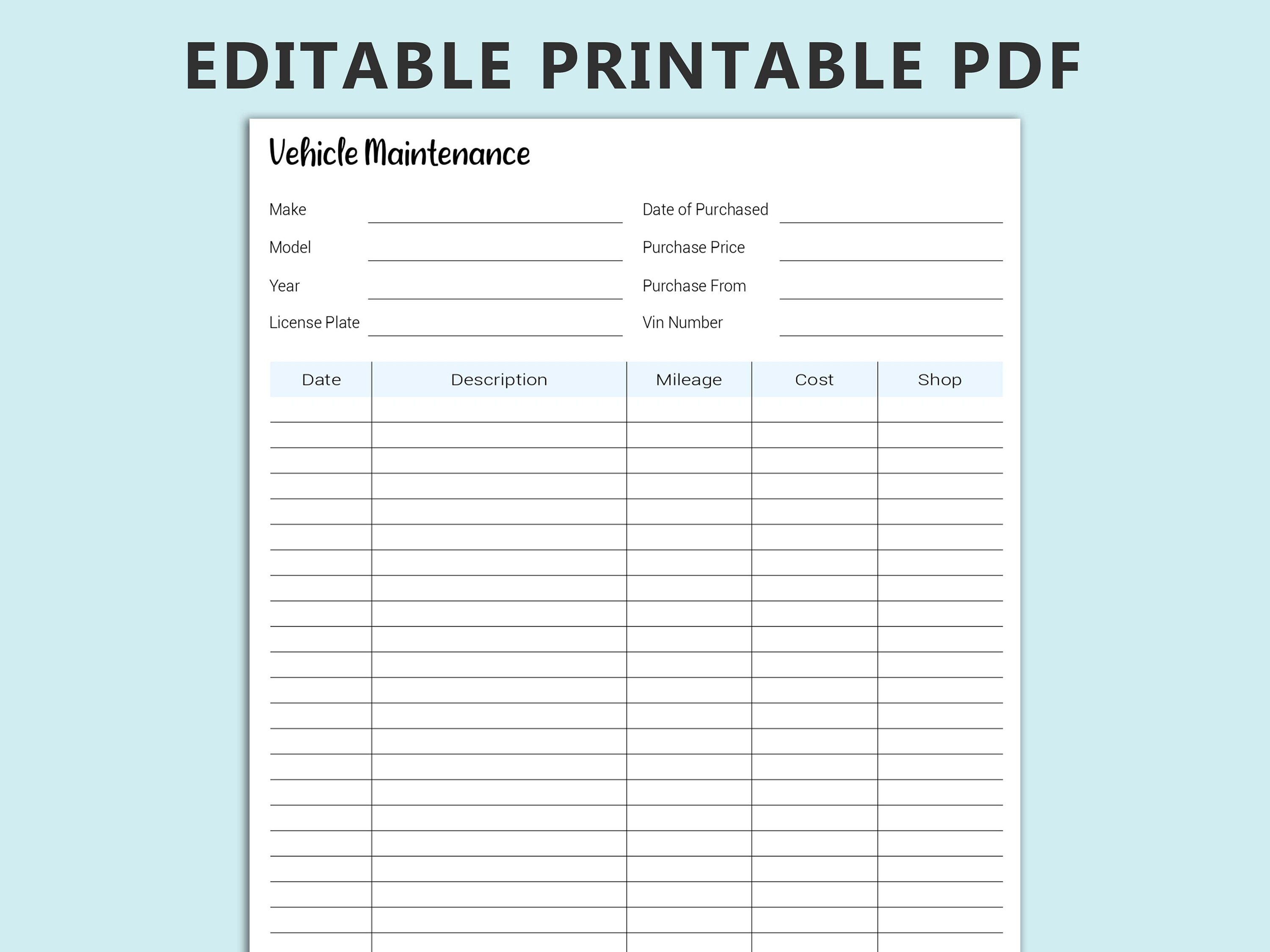 Editable Vehicle Maintenance Log Book, Vehicle Service Tracker, Vehicle ...
