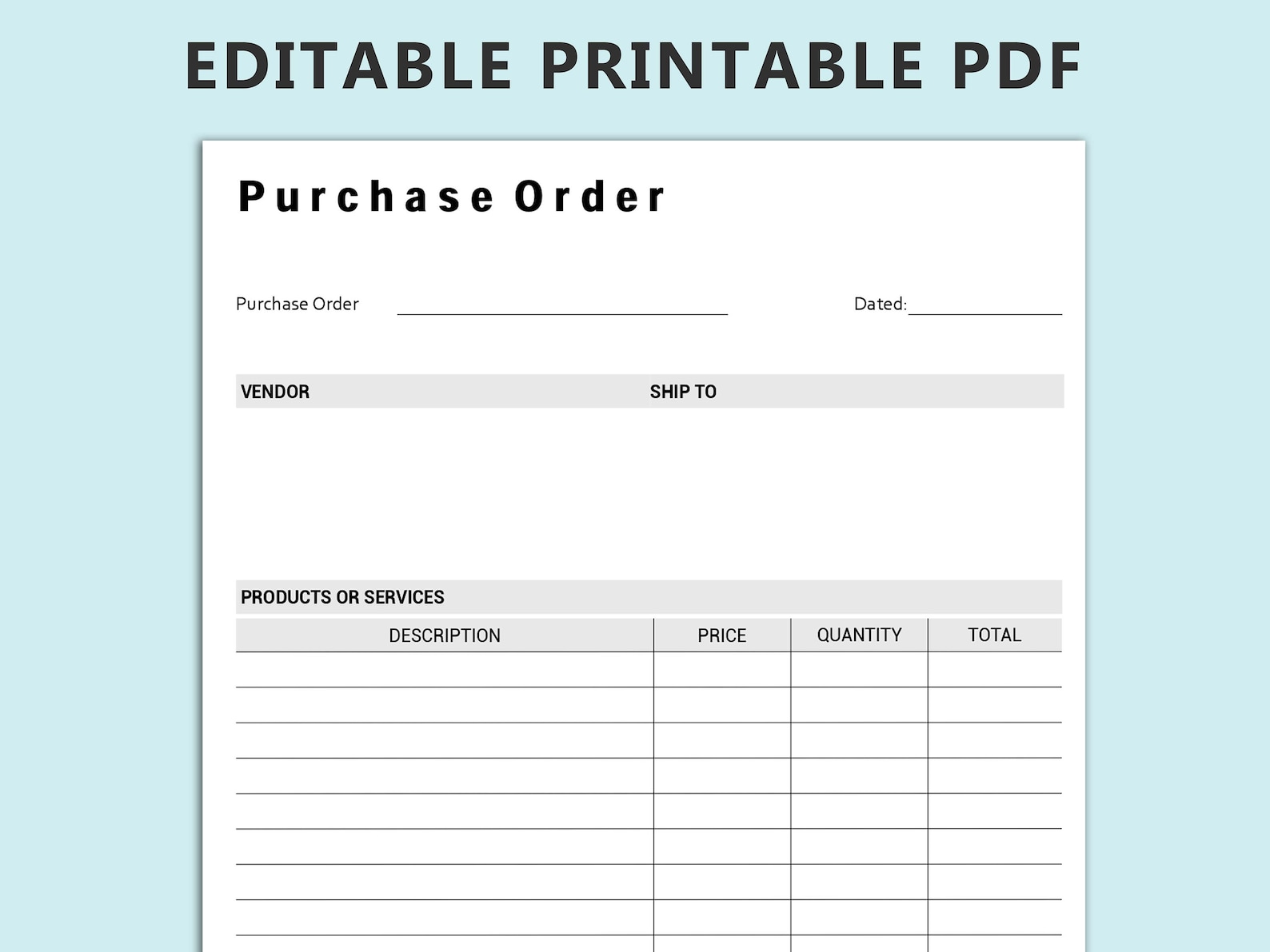 Editable Purchase Order Template, Editable Purchase Template, Invoice ...