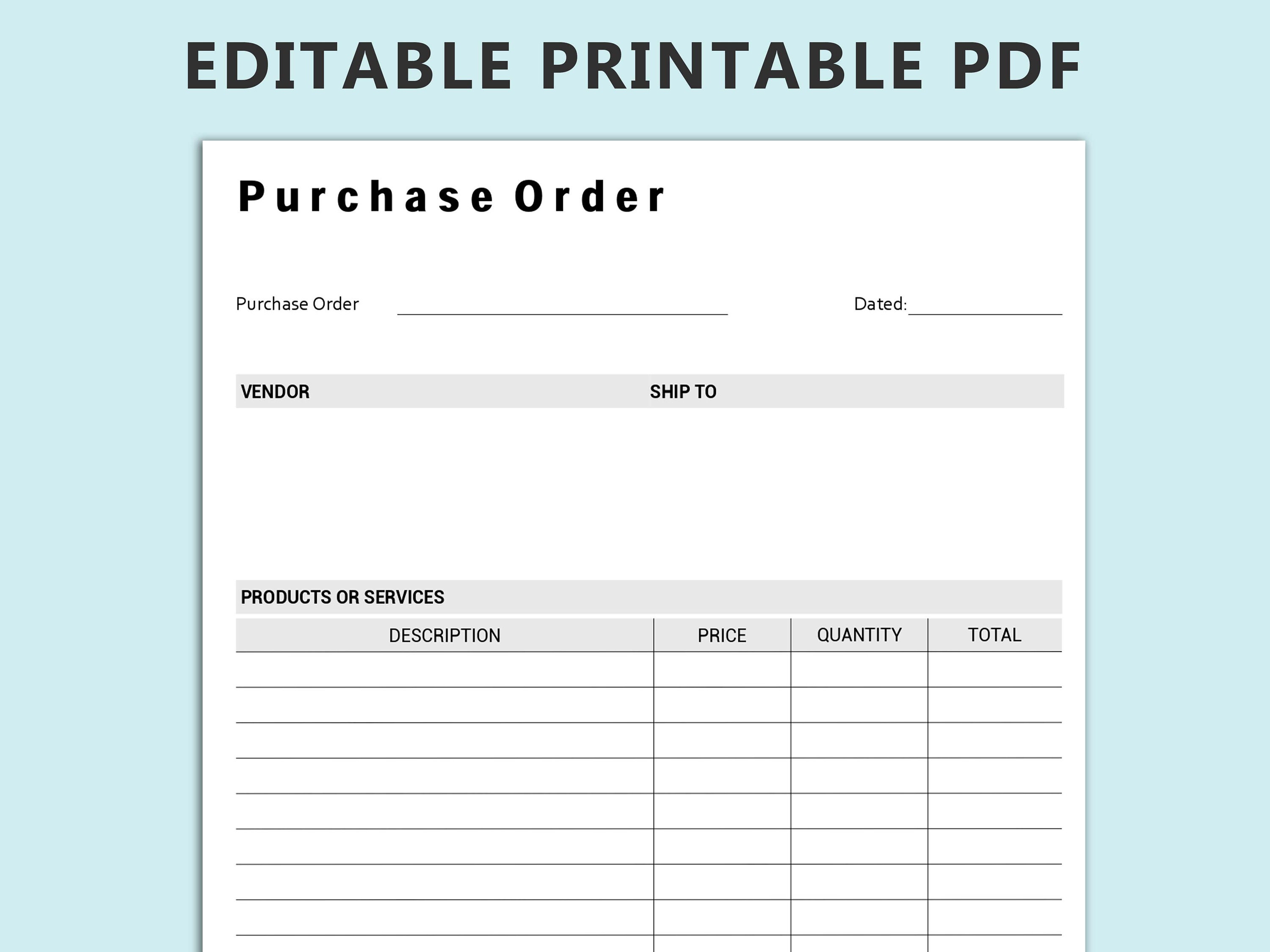 Editable Purchase Order Template, Editable Purchase Template, Invoice ...