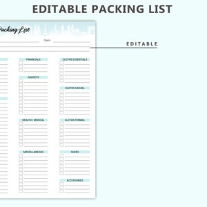 Editable Travel Packing List, Travel Packing List Printable, Packing ...