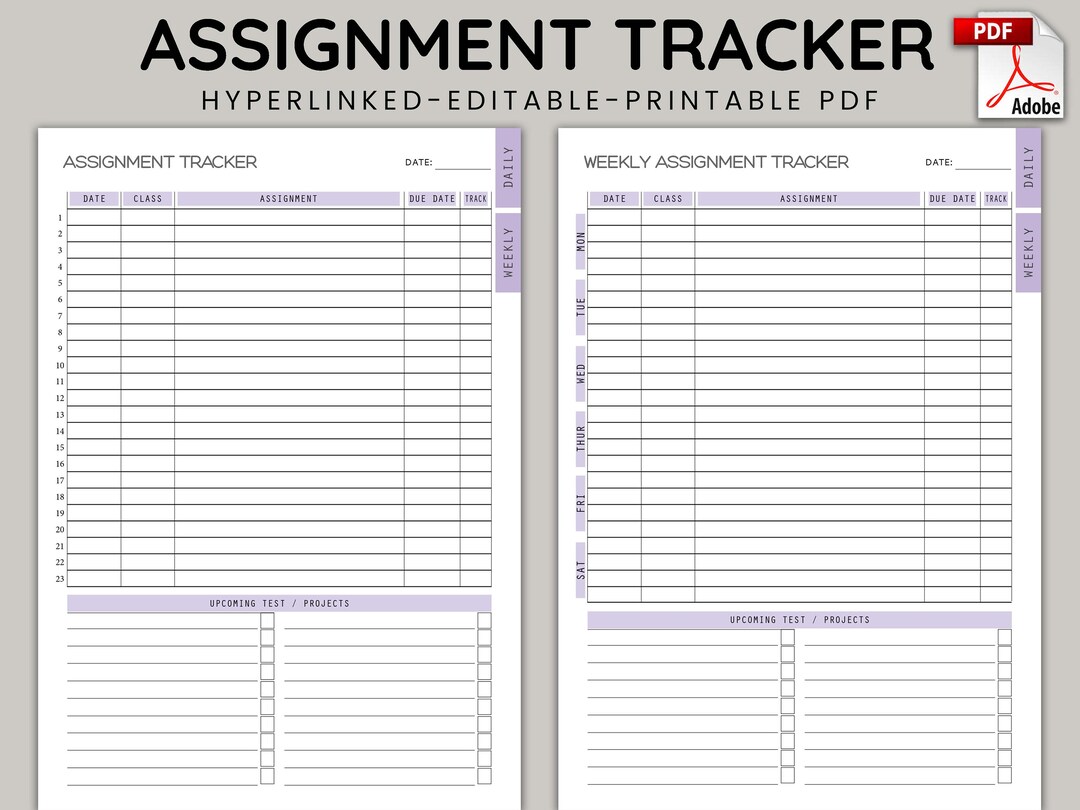 Editable Assignment Tracker, Weekly Assignment Tracker, Assignment ...