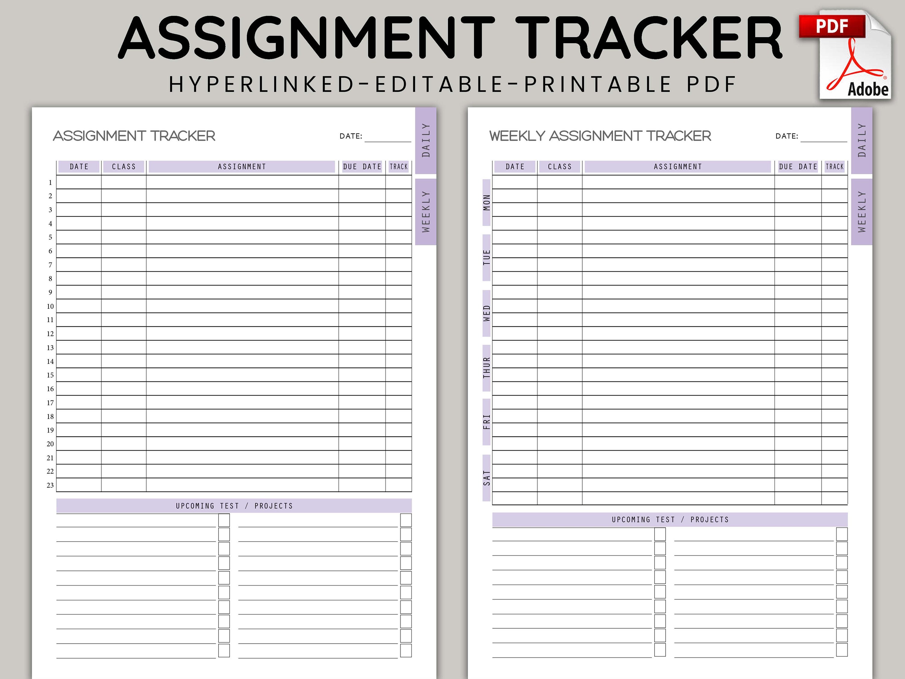 Editable Assignment Tracker, Weekly Assignment Tracker, Assignment ...