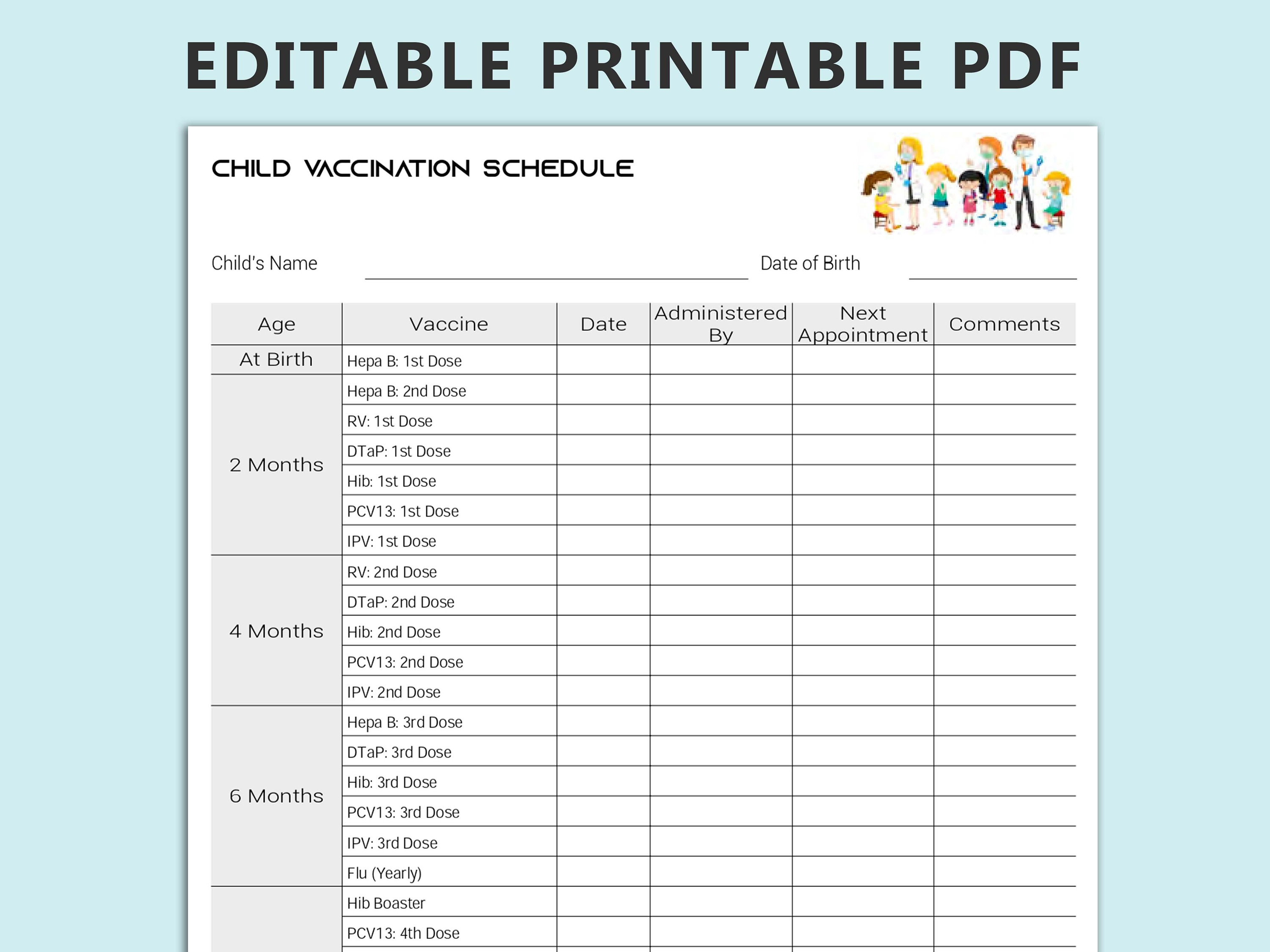 Editable Child Vaccination Record Tracker, Vaccine Log, Immunization ...