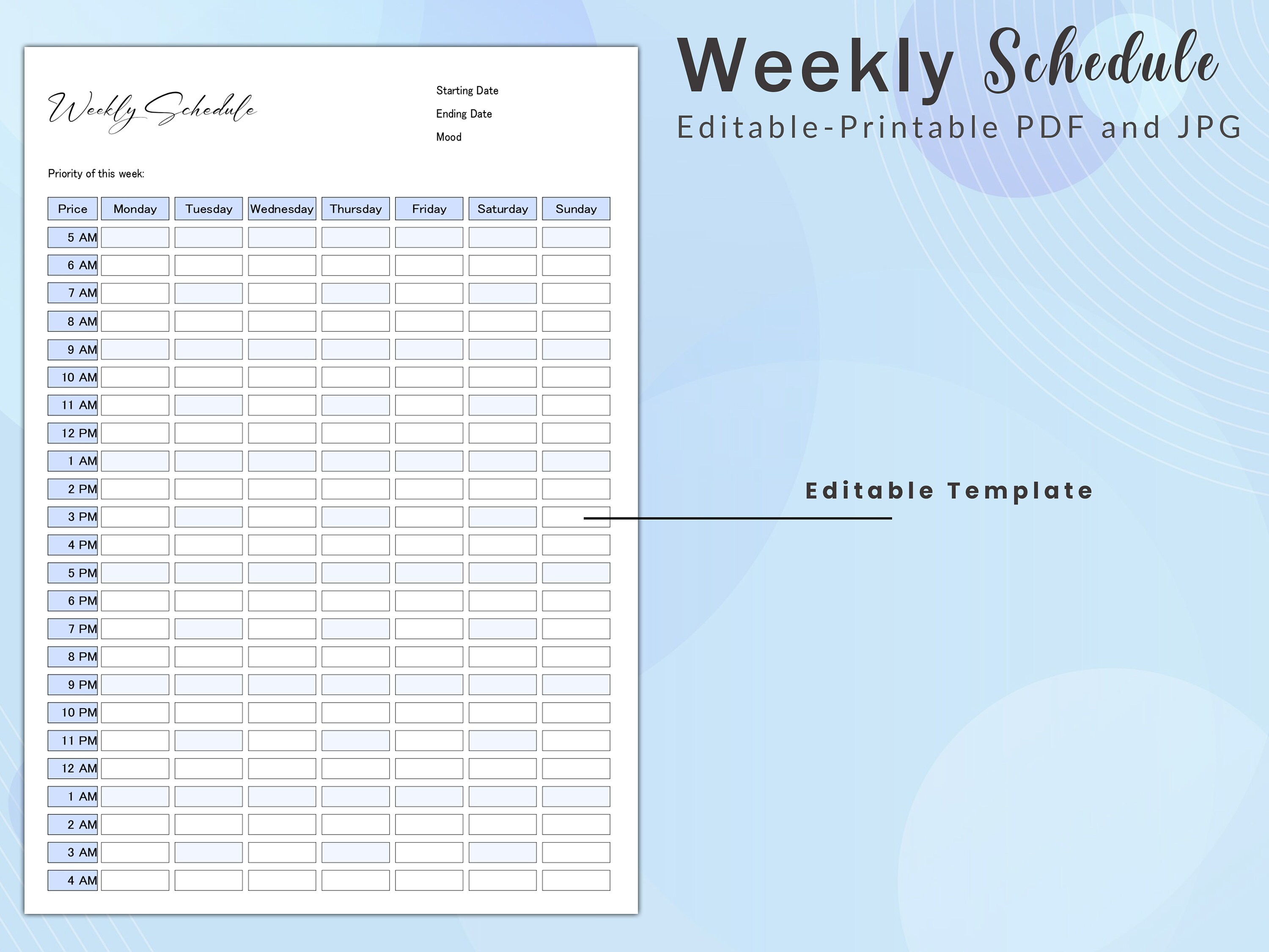 Editable Weekly Schedule, Weekly Schedule Template, Weekly Schedule ...