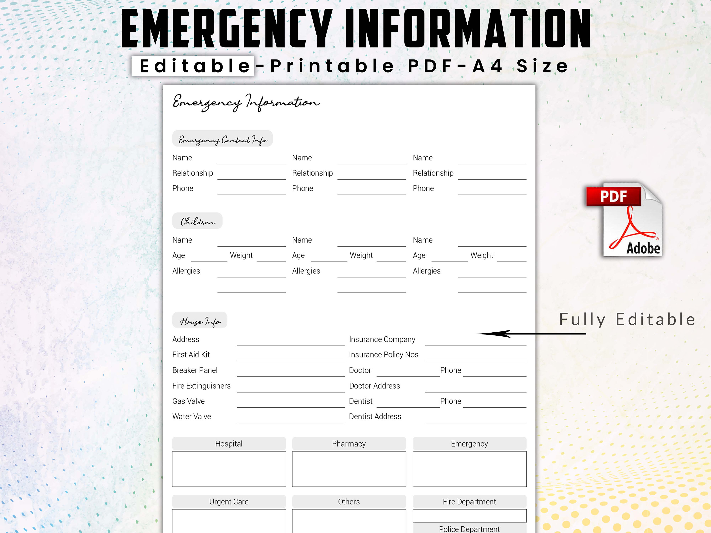 Editable Emergency Information Sheet, Emergency Contact Information, Emergency Contact Form ...