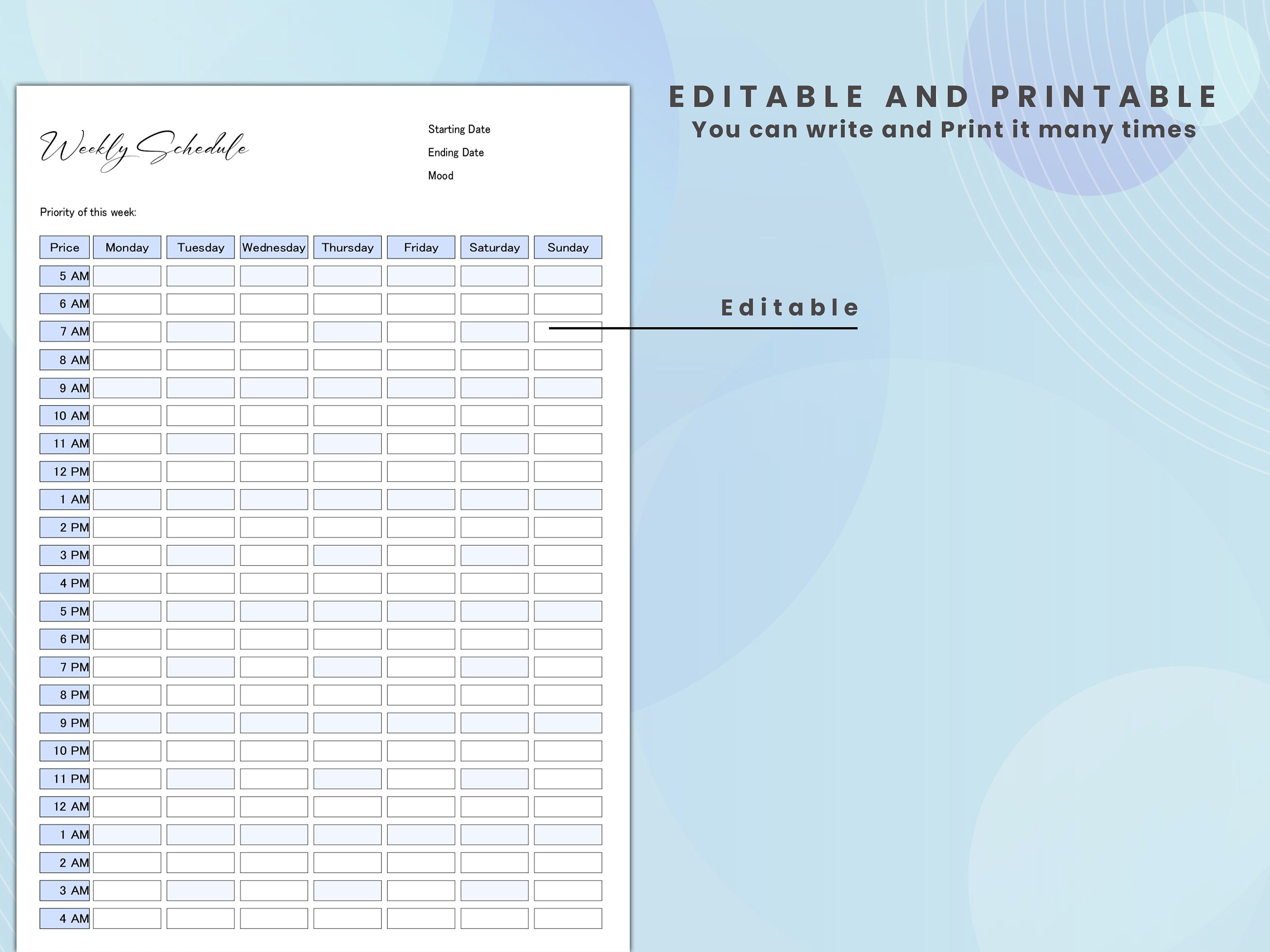 Editable Weekly Schedule, Weekly Schedule Template, Weekly Schedule ...