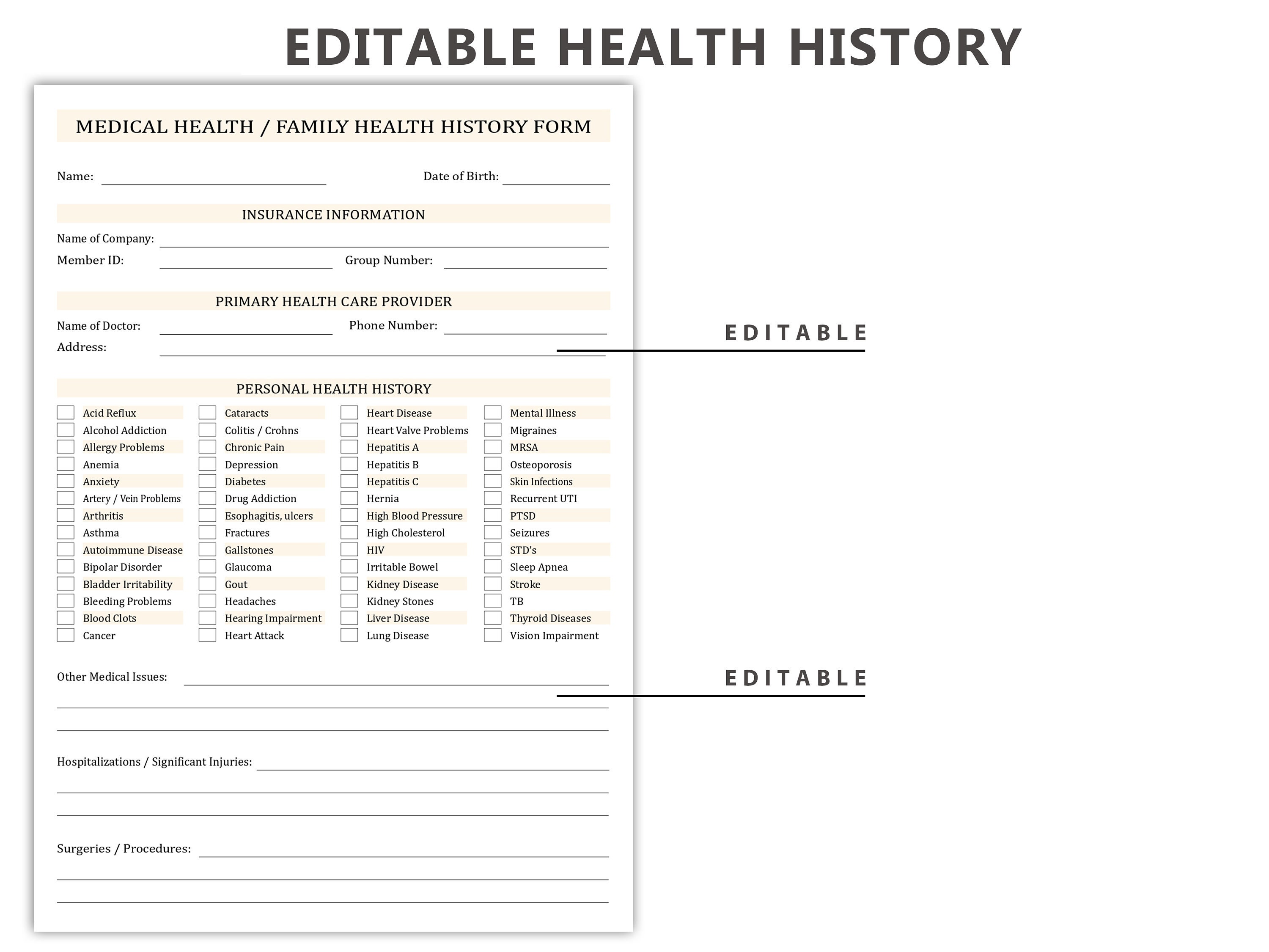 Editable Medical History Form, Family Medical History Form , Medical ...