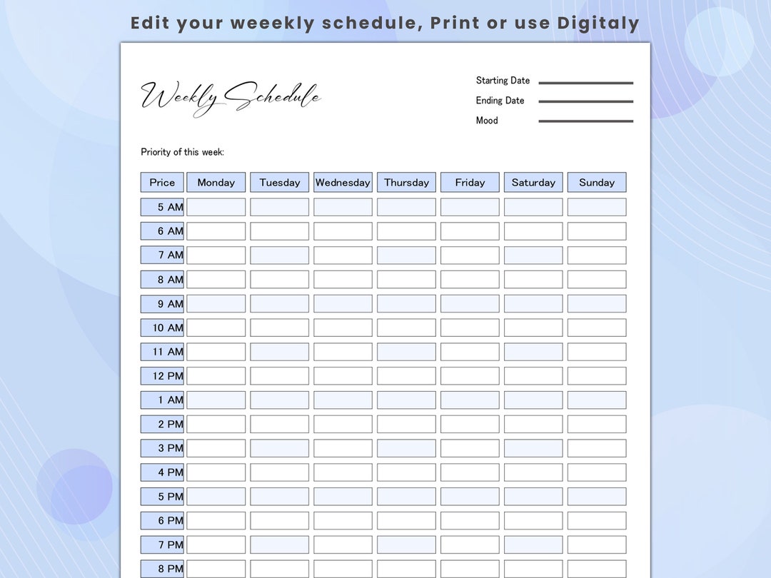 Editable Weekly Schedule, Weekly Schedule Template, Weekly Schedule ...