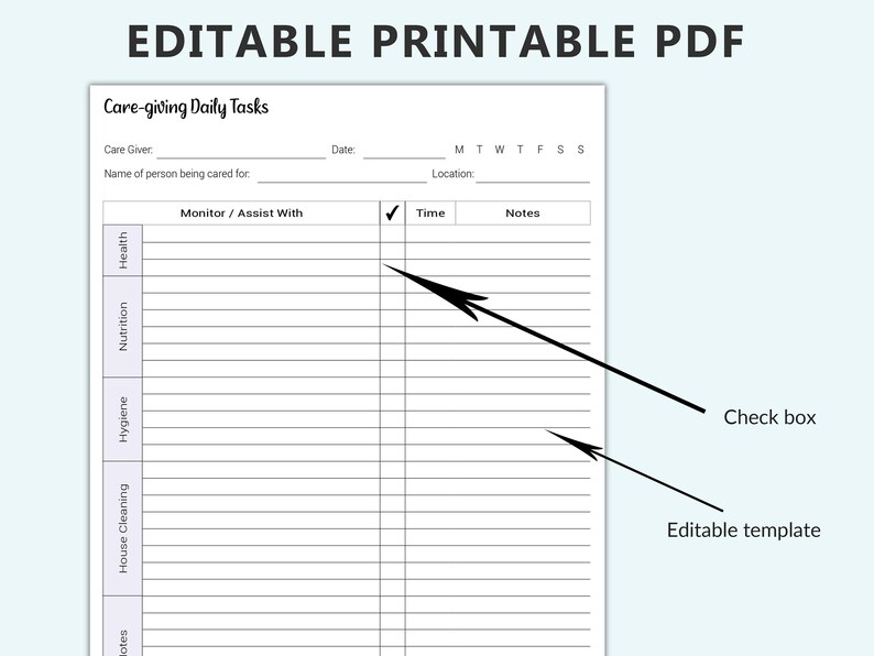 Editable Care Giving Caregiver Daily Task, Editable Caregiving Plan ...