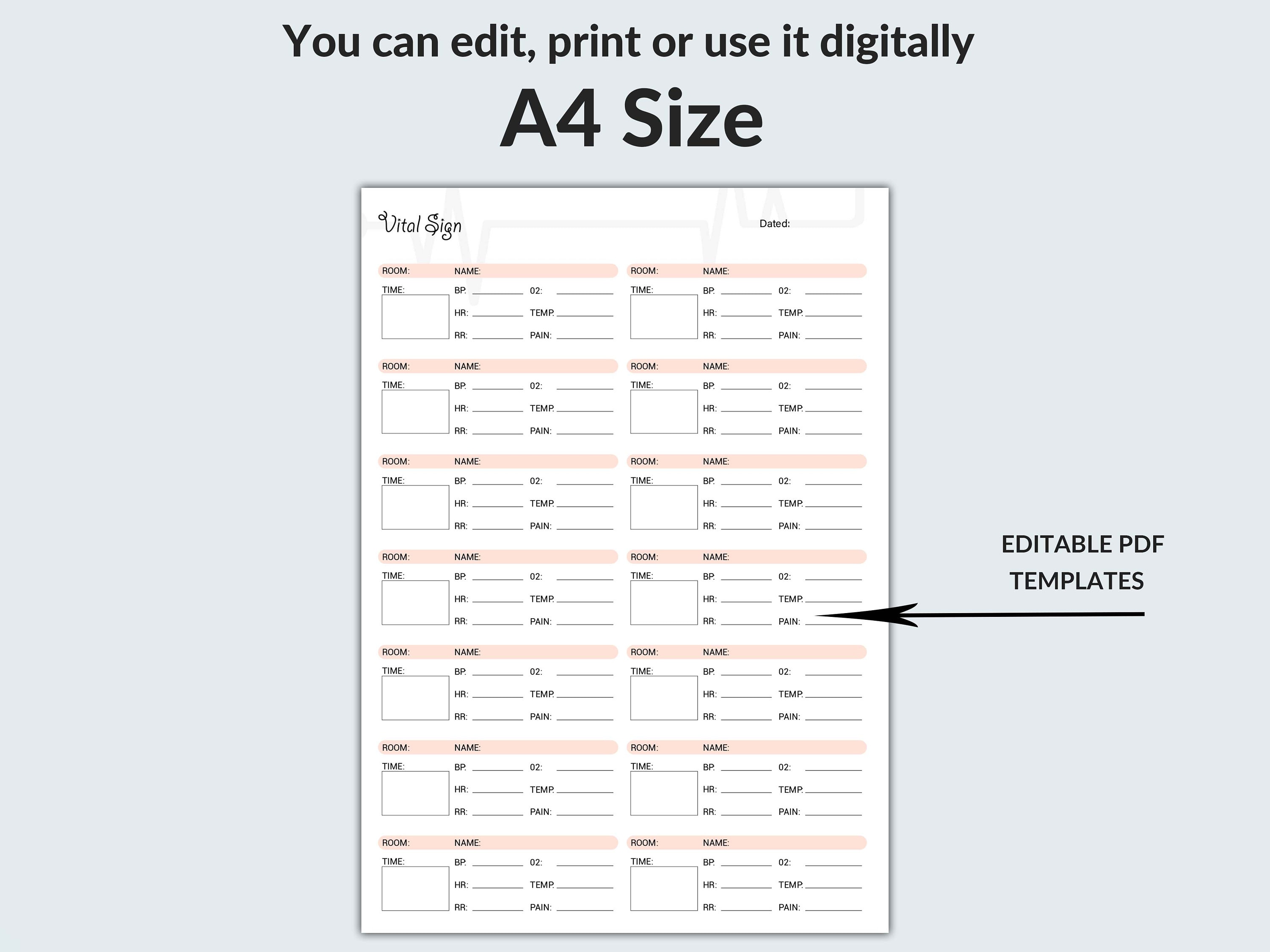 Editable and Printable Vital Sign Chart, Vital Sign Log, Vital Sign ...