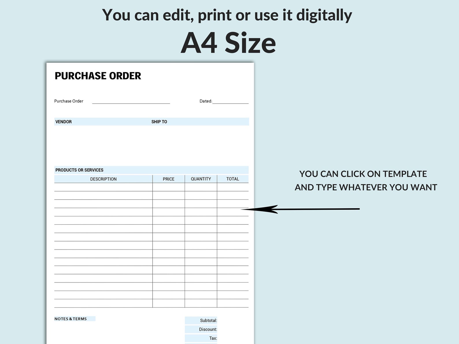 Editable Purchase Order Template, Editable Purchase Template, Invoice ...