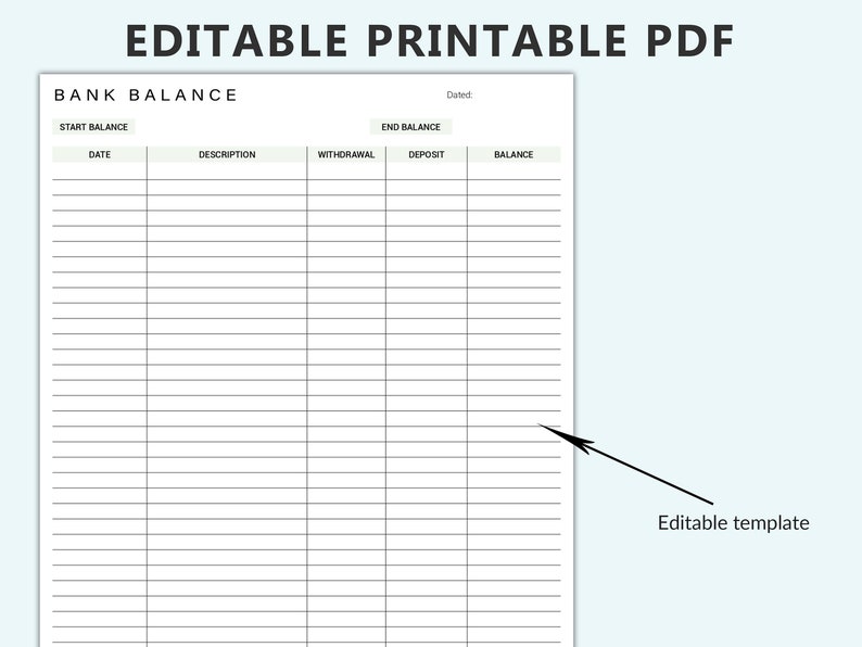 Editable Bank Balance Tracker, Bank Balance Tracker, Bank Balance Log ...