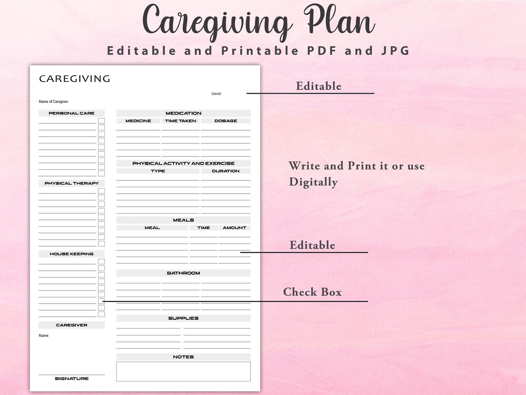 Editable Caregiving Plan, Caregiving Template, Caregiving Elderly Care ...