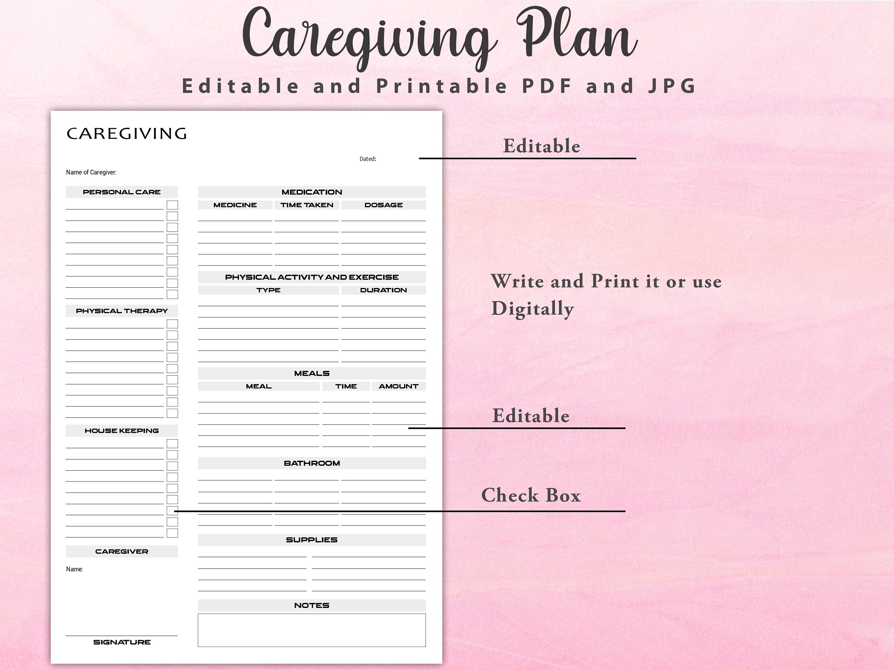 Editable Caregiving Plan, Caregiving Template, Caregiving Elderly Care ...