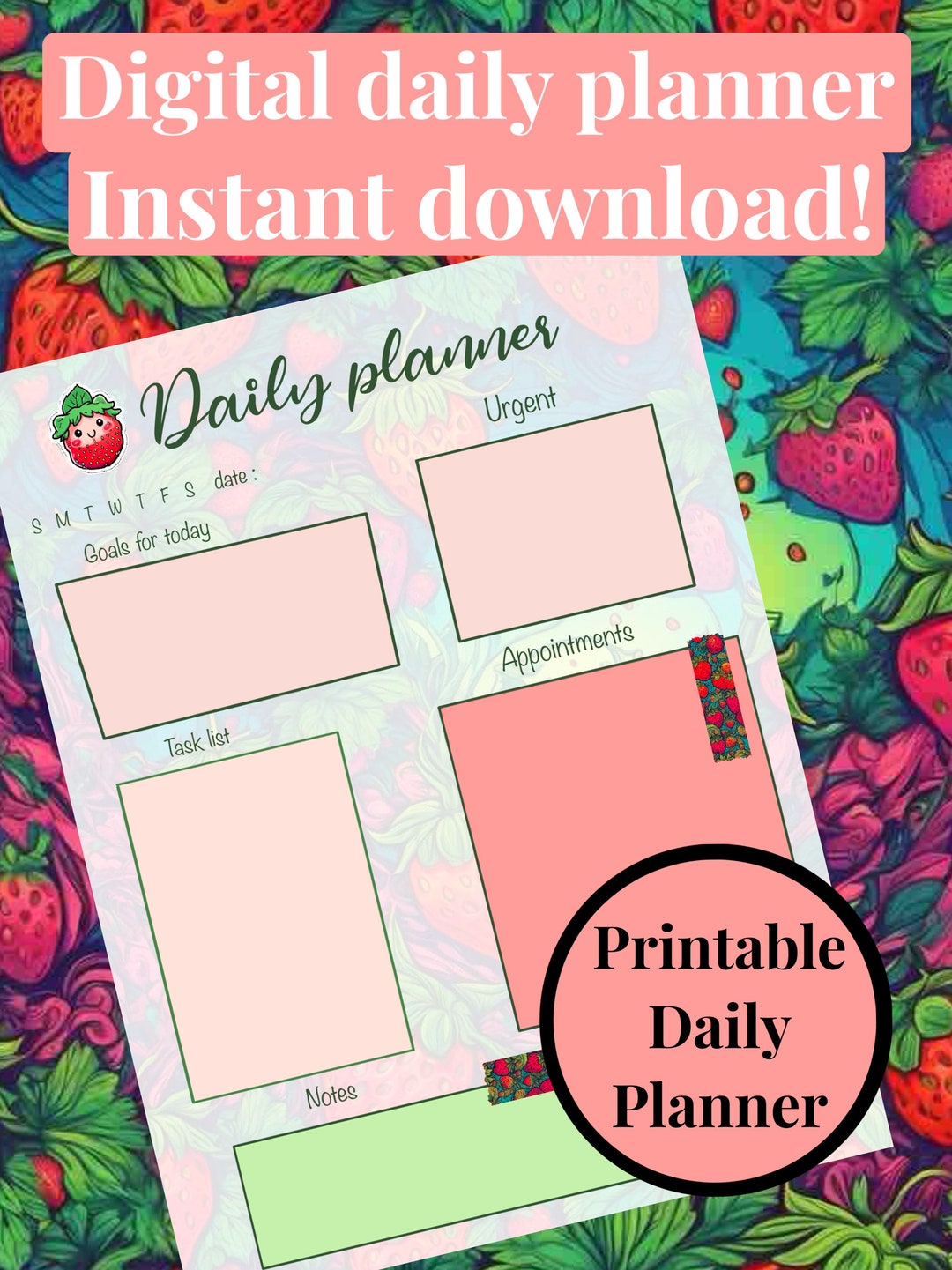 Printable Daily Calendar, Digital Calendar, Happy Planning , Strawberry ...