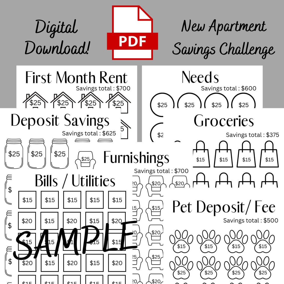 New Apartment Savings Challenge Set Set of 7 Challenges Savings Tracker ...