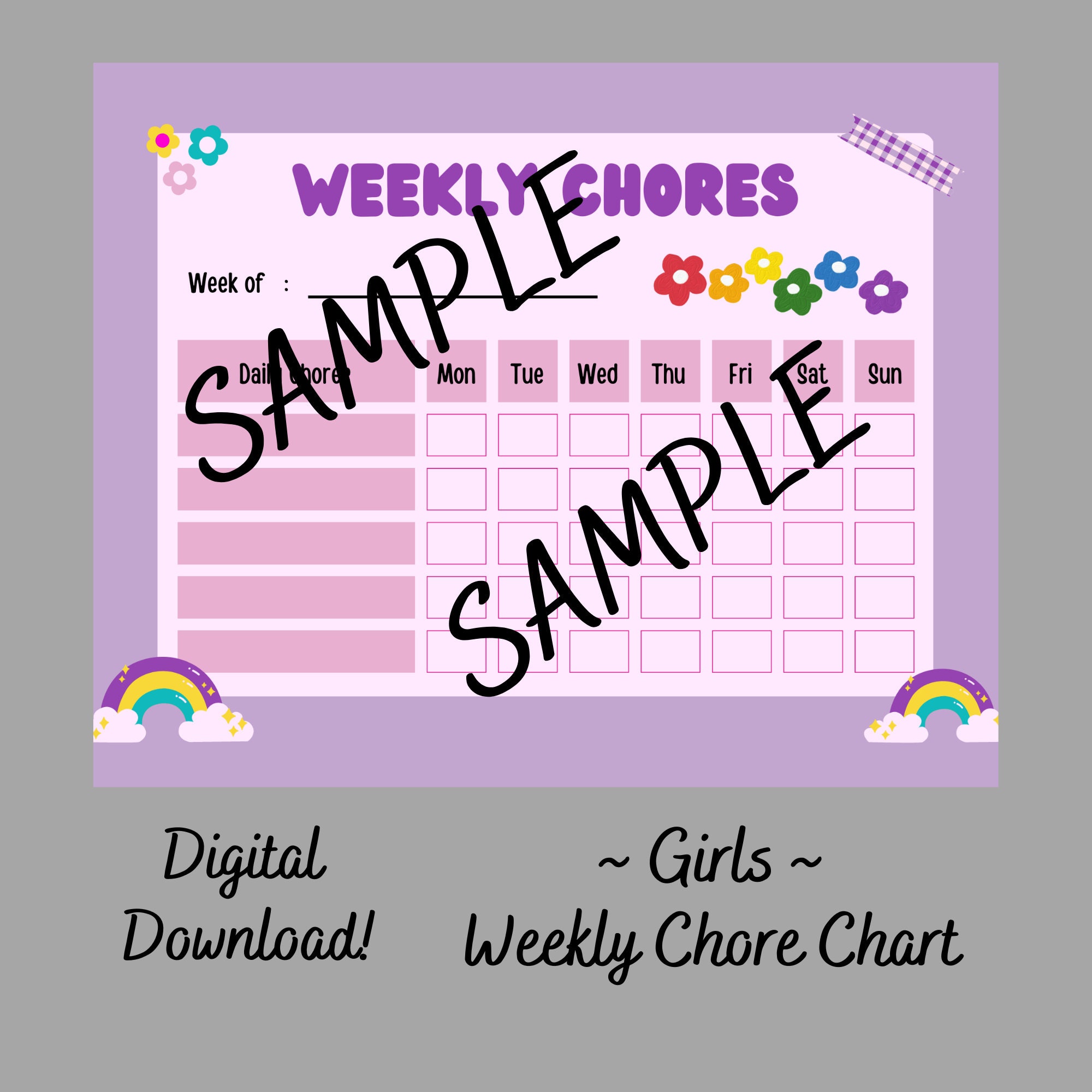 Girls Weekly Chore Chart | Digital Download | Printable | Chore Chart ...