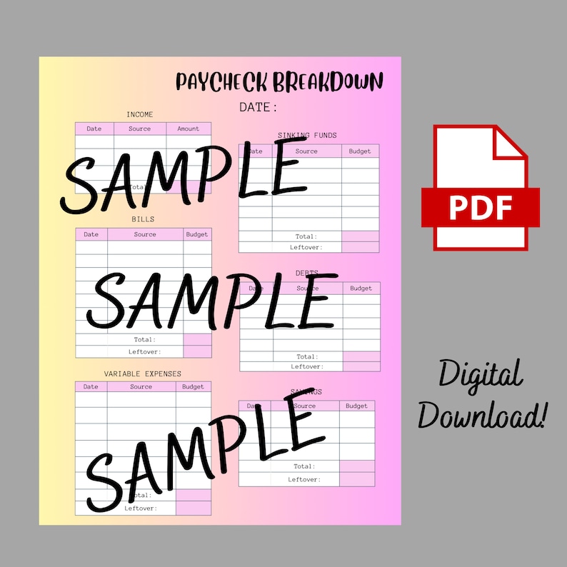 Paycheck Breakdown Template Digital Download Printable Paycheck ...