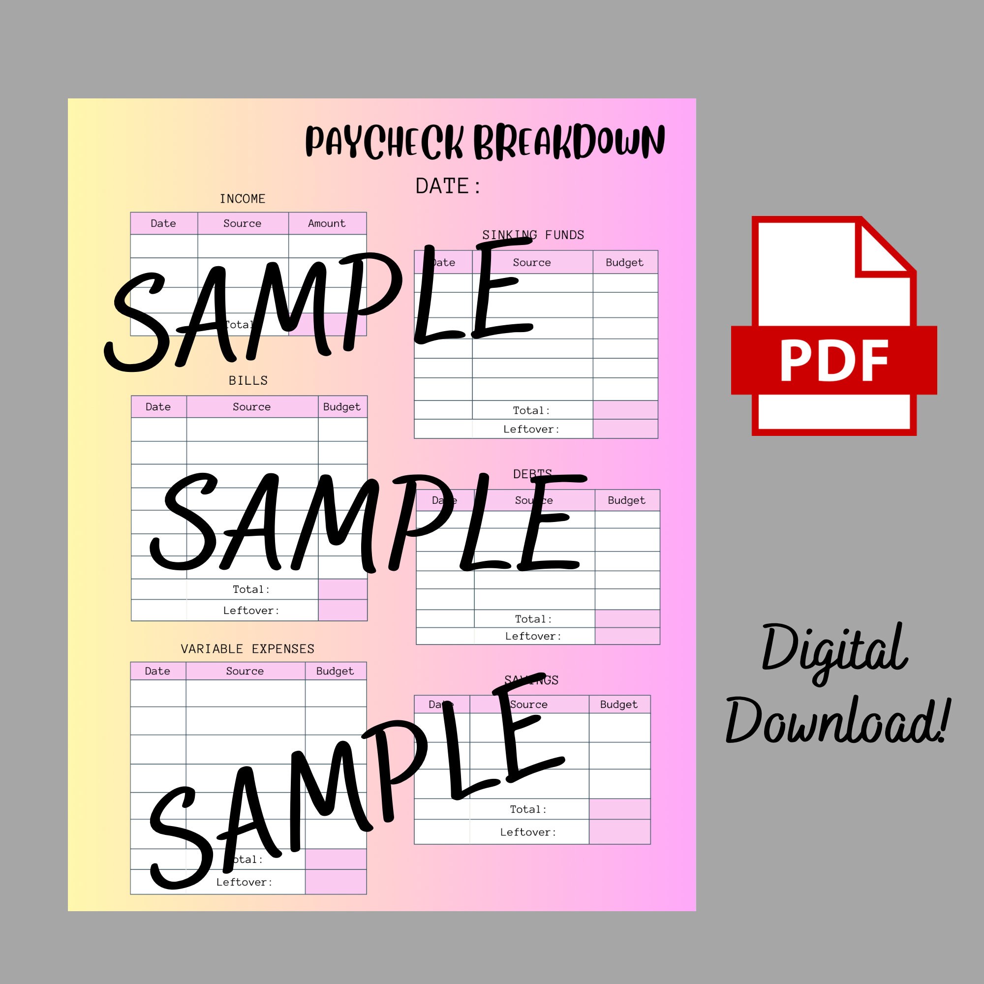 Paycheck Breakdown Template Digital Download Printable Paycheck ...
