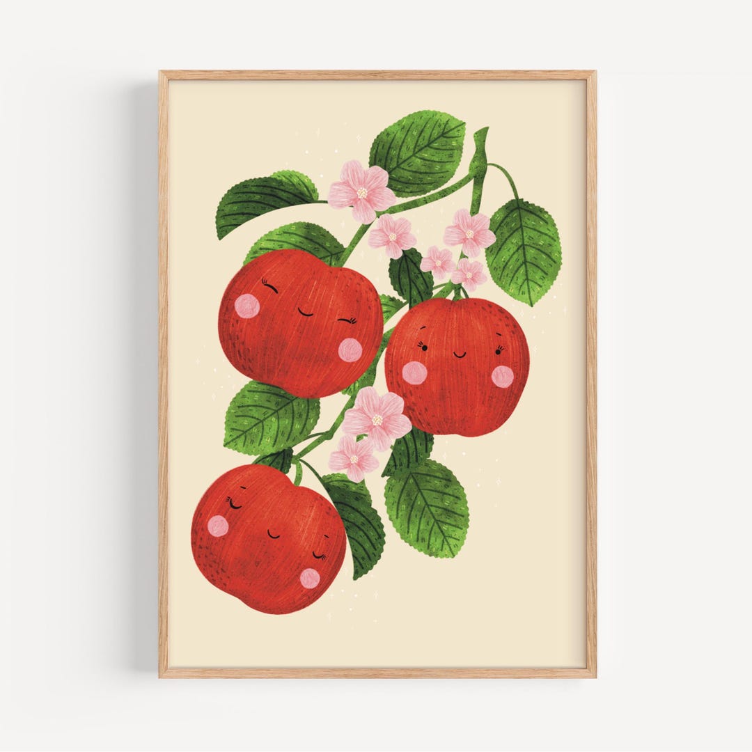 Happy Apples - Fruit Drawing, Cute Illustration, Apple Lovers - Etsy